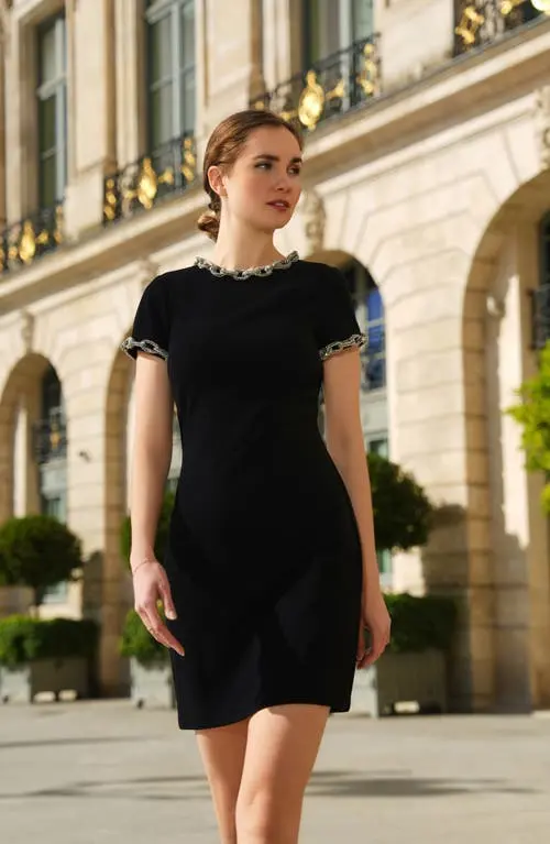 EMILY SHALANT Embellished Crepe Sheath Dress