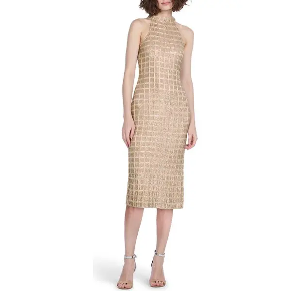 EMILY SHALANT Windowpane Sequin Midi Dress