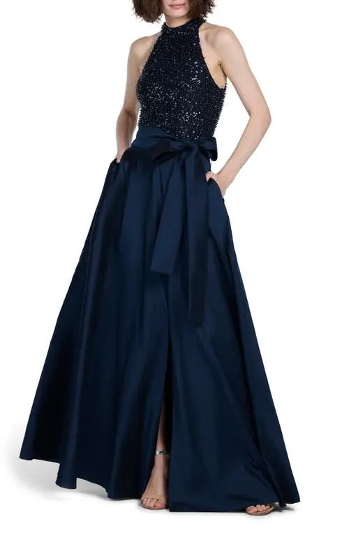 EMILY SHALANT Hand Embellished Bodice Taffeta Gown