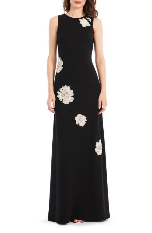 EMILY SHALANT Floral Appliqué Embellished Crepe Gown - Black