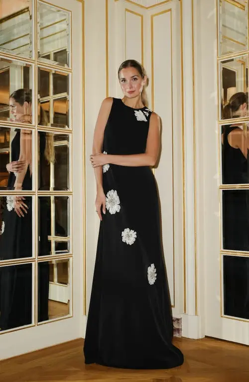 EMILY SHALANT Floral Appliqué Embellished Crepe Gown
