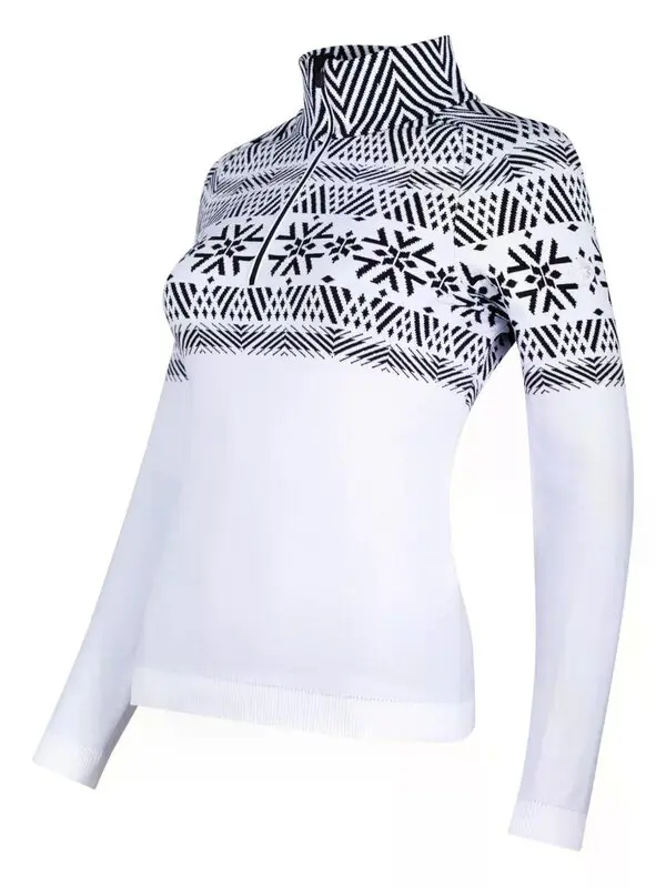 NEWLAND Geometric Pattern Zip Neck Long Sleeve Sweater - White