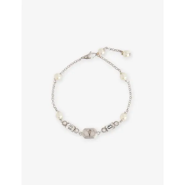 Valentino Garavani Vlogo Oval Swarovski Crystal Bracelet - Rhodium/cream/crystal