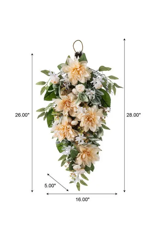 GLITZHOME 28"h Peach Dahlia Artificial Floral Teardrop