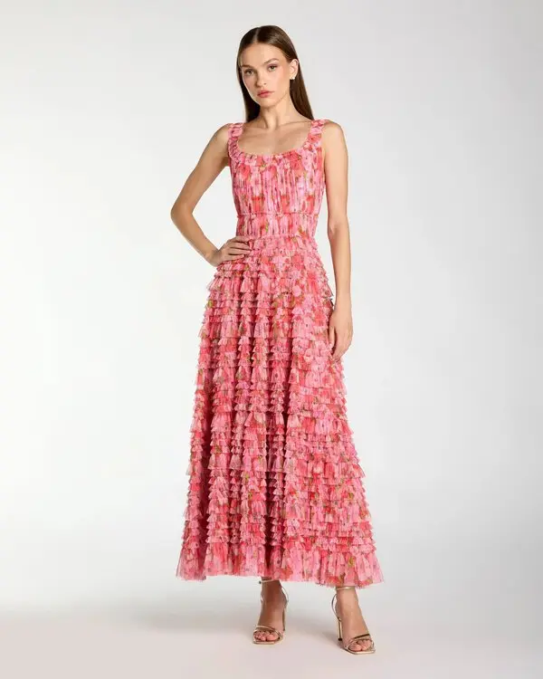Mac Duggal Floral Printed Ruffle Maxi Dress