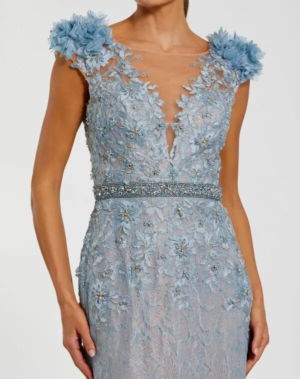 MAC DUGGAL COLLECTION Embellished Lace Illusion Neck Gown With 3d Flowers