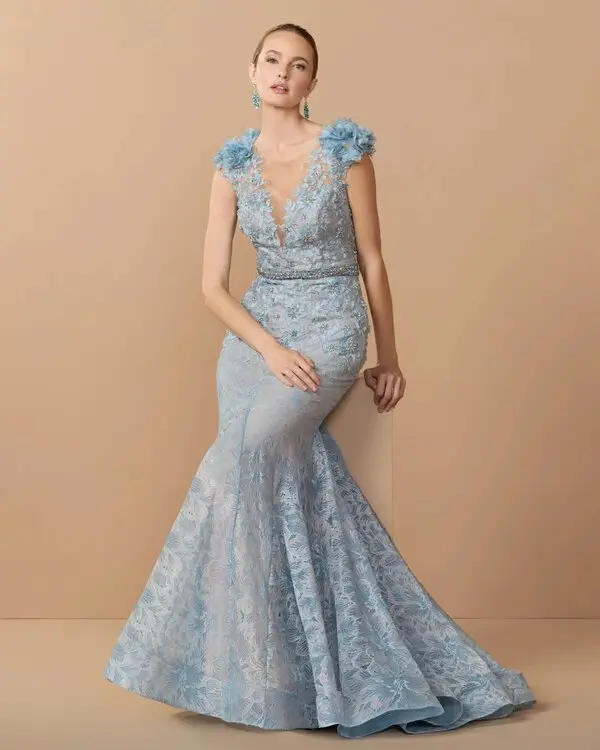 MAC DUGGAL COLLECTION Embellished Lace Illusion Neck Gown With 3d Flowers