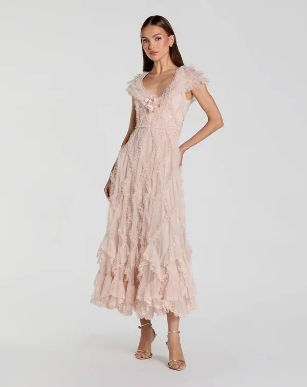 Mac Duggal Ruffled Cap Sleeve A-line Midi Dress
