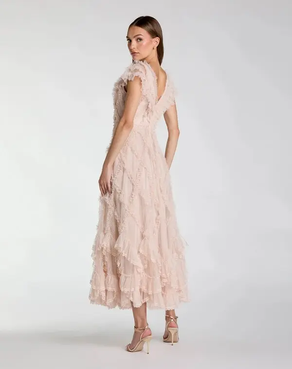 Mac Duggal Ruffled Cap Sleeve A-line Midi Dress