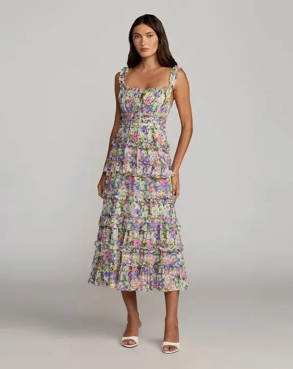 Mac Duggal Floral Tiered Cotton Midi Dress