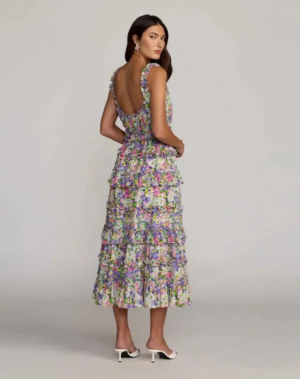 Mac Duggal Floral Tiered Cotton Midi Dress