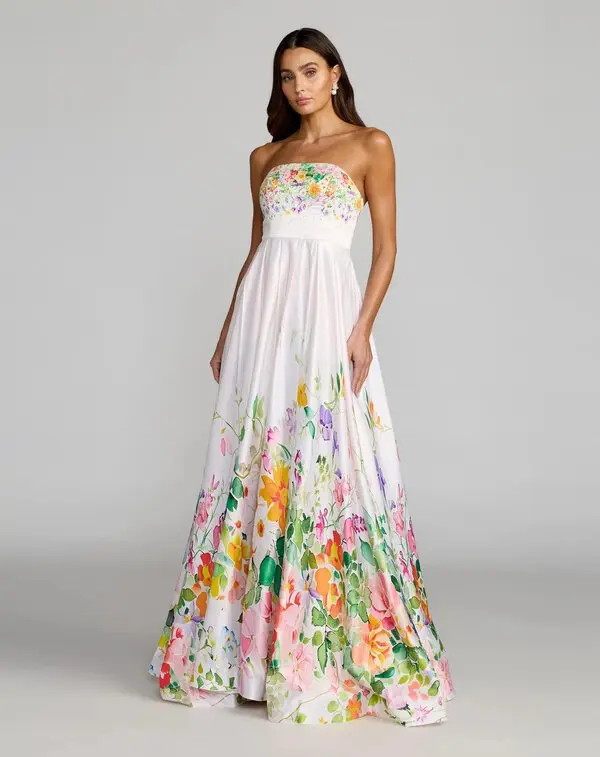 Mac Duggal Floral Print Strapless A-line Gown With Pockets