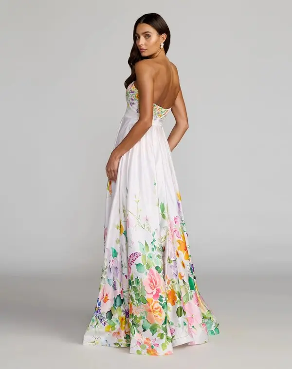 Mac Duggal Floral Print Strapless A-line Gown With Pockets