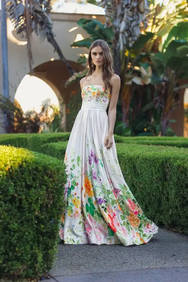 Mac Duggal Floral Print Strapless A-line Gown With Pockets
