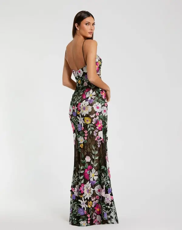 Mac Duggal Floral Embroidered Sleeveless Bustier Gown - Black