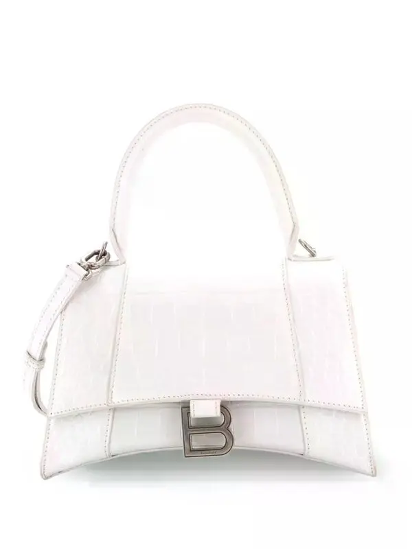 Balenciaga Hourglass Small Top Handle Crossbody Bag Crocodile Embossed - White