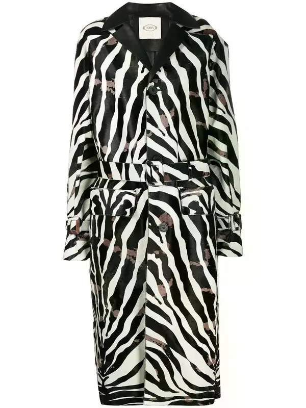 TOD'S Zebra Print Calf Hair Trench Coat - Black