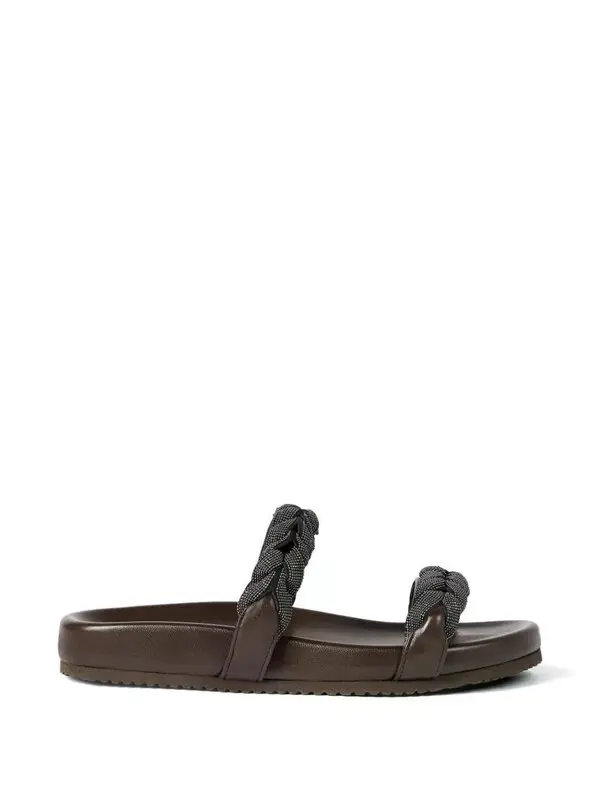Brunello Cucinelli Braided Leather Sandals With Monili Embellishment - Brown