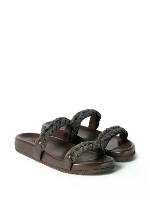 Brunello Cucinelli Braided Leather Sandals With Monili Embellishment - Brown
