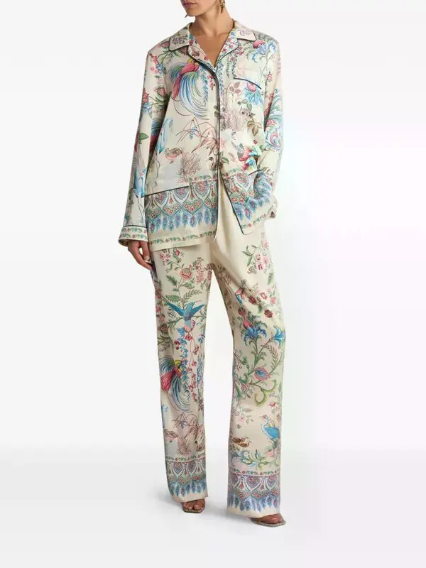 Etro Silk Twill Shirt With Placed Flora And Fauna Print - Neutrals