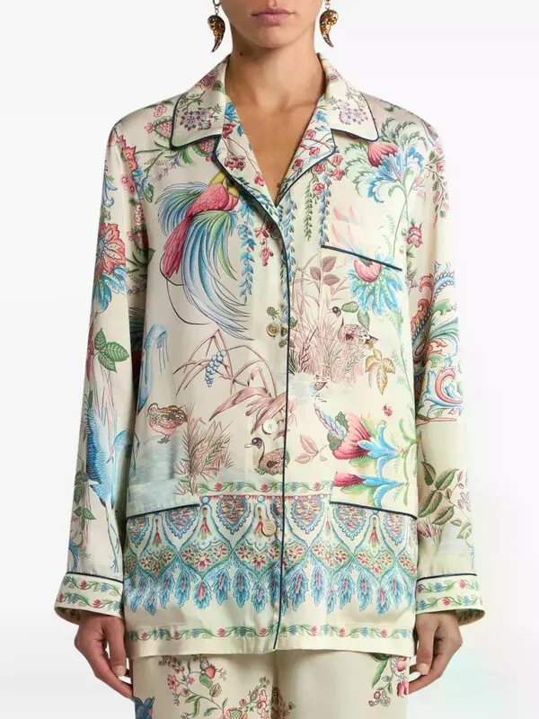 Etro Silk Twill Shirt With Placed Flora And Fauna Print - Neutrals