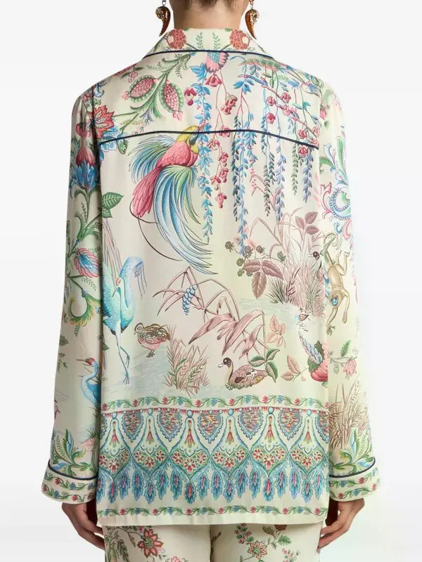 Etro Silk Twill Shirt With Placed Flora And Fauna Print - Neutrals