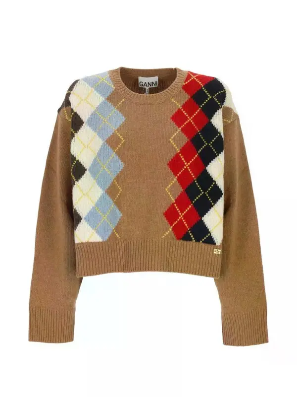 GANNI Argyle-knit Crew-neck Sweater - Brown