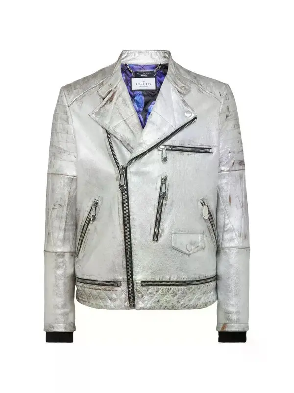 Philipp Plein Leather Biker Jacket - Silver