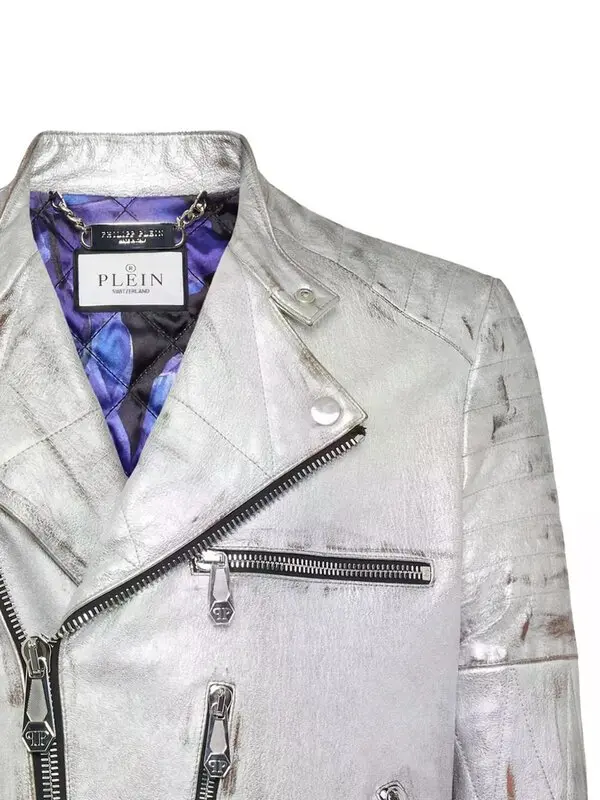 Philipp Plein Leather Biker Jacket - Silver