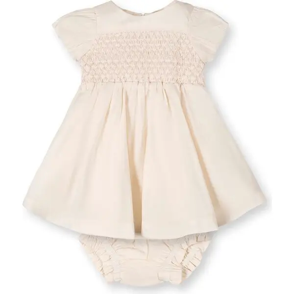 HOPE & HENRY Linen Smocked Puff Sleeve Dress - Natural With Pink