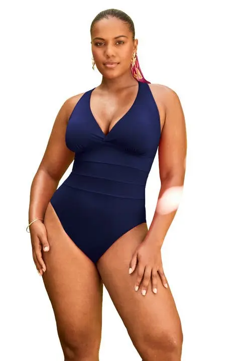 SWIMSUITS FOR ALL V-neck Crossback One-piece Swimsuit - Navy