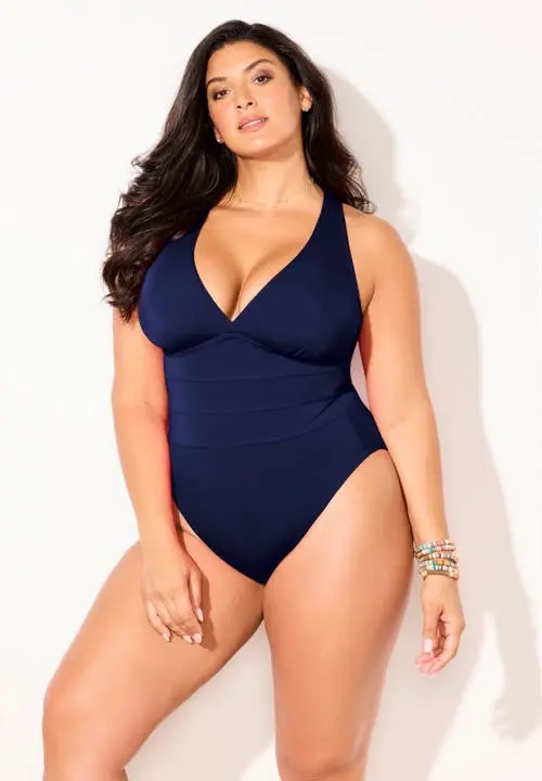 SWIMSUITS FOR ALL V-neck Crossback One-piece Swimsuit - Navy