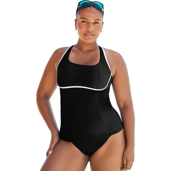 SWIMSUITS FOR ALL Chlorine Resistant Square Neck Contrast Trim Tankini Top - Black White