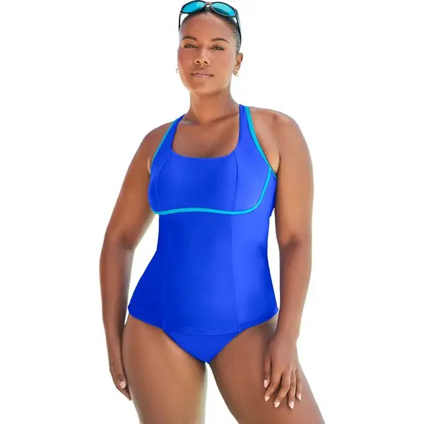 SWIMSUITS FOR ALL Chlorine Resistant Square Neck Contrast Trim Tankini Top - Royal Baia