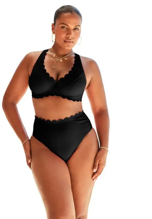 SWIMSUITS FOR ALL Scallop Trim Underwire Bikini Top - Black