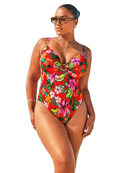 SWIMSUITS FOR ALL Shimmer Ring Underwire One Piece Swimsuit - Ruby Tropical