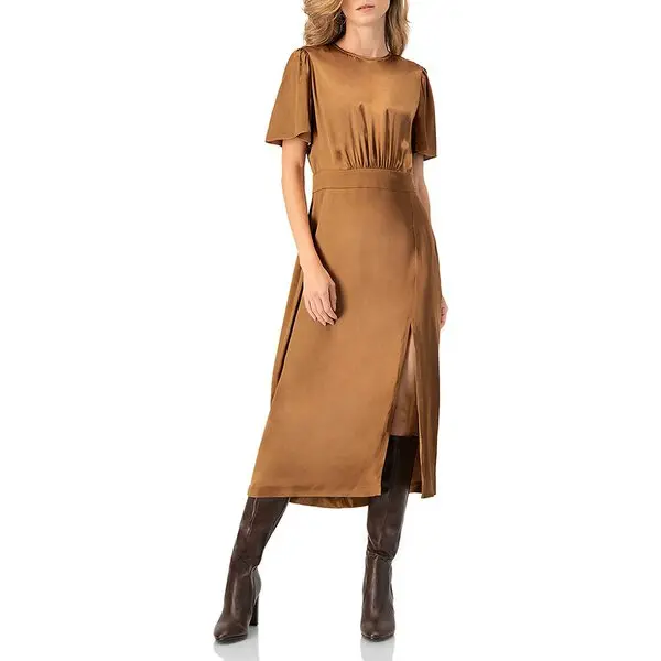 IVONNE Short Sleeve Satin Midi Dress - Brown