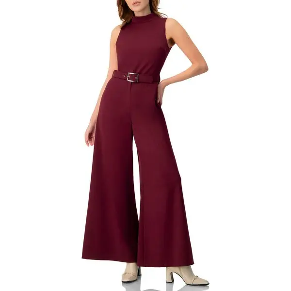 IVONNE Sleeveless High Neck Belted Jumpsuit - Wine