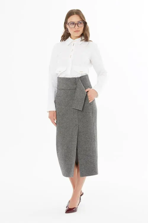 GIZIA Wool-blend Pencil Midi Skirt With Slit And Belt - Grey