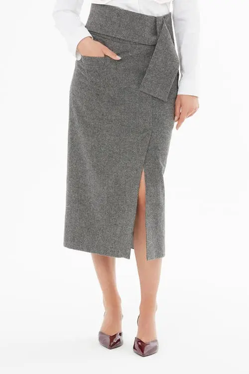 GIZIA Wool-blend Pencil Midi Skirt With Slit And Belt