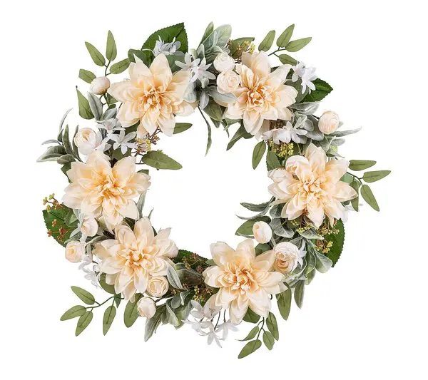 GLITZHOME 24'd Peach Dahlia Floral Wreath - One-color