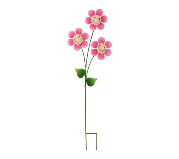 GLITZHOME 36'h Garden Triple Happy Face Flower Arden Stake - One-color