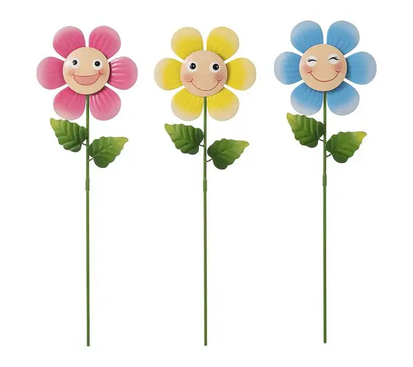 GLITZHOME 18'h Set Of 3 Metal Happy Face Flower Pick - One-color