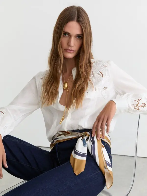REISS Ida Linen Embroidered Blouse - Ivory