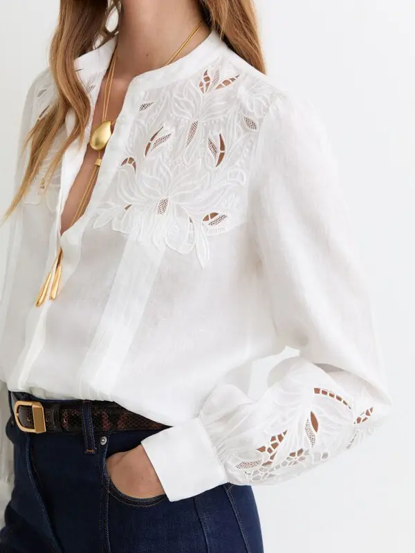 REISS Ida Linen Embroidered Blouse