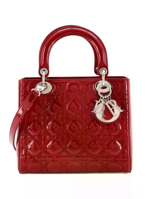 Dior Lady Cannage Quilt Patent Medium Satchel - Red