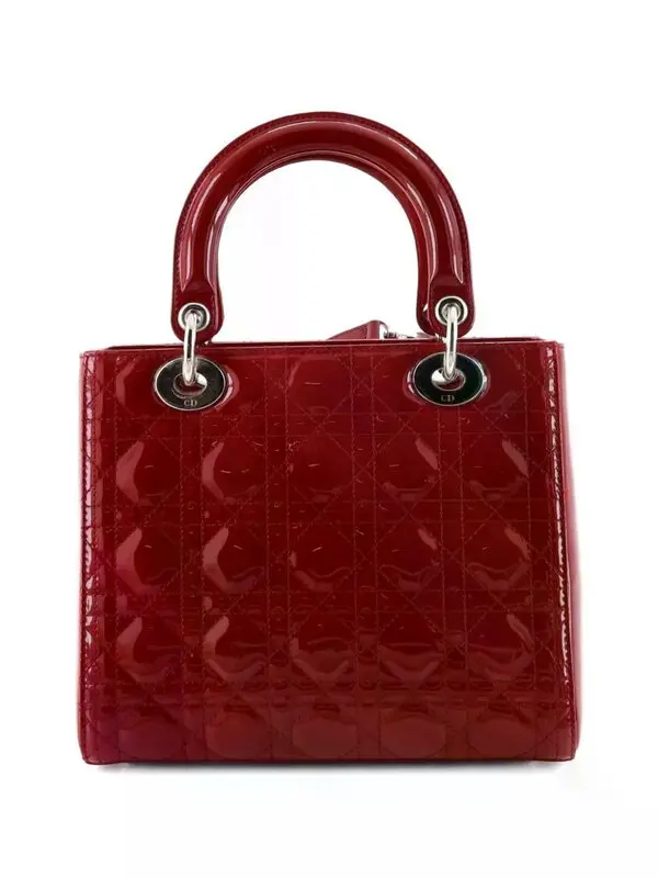 Dior Lady Cannage Quilt Patent Medium Satchel - Red