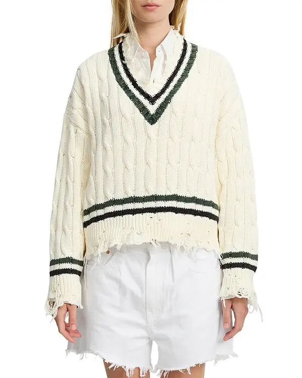 Denimist Oversized Cropped Cable Knit Tennis Sweater - Cream White Black Green