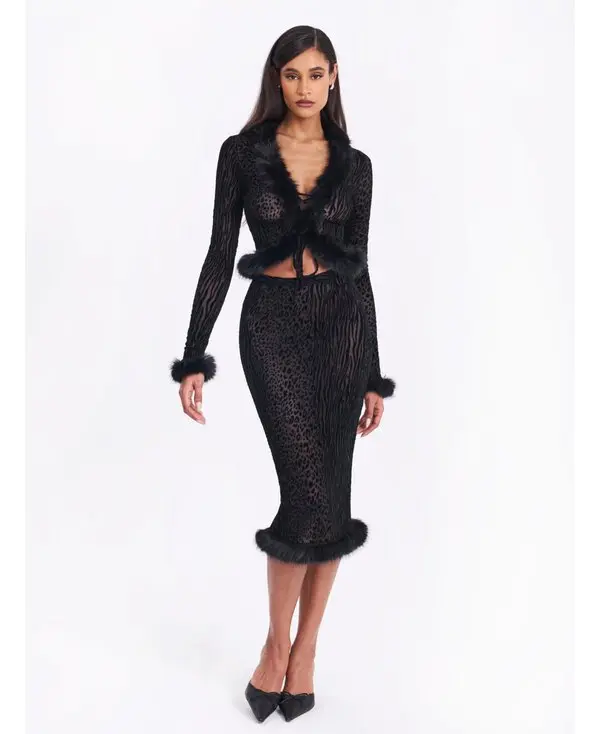 MISS CIRCLE NEW YORK Hali Burnout Velvet Top With Faux Fur Trim - Black