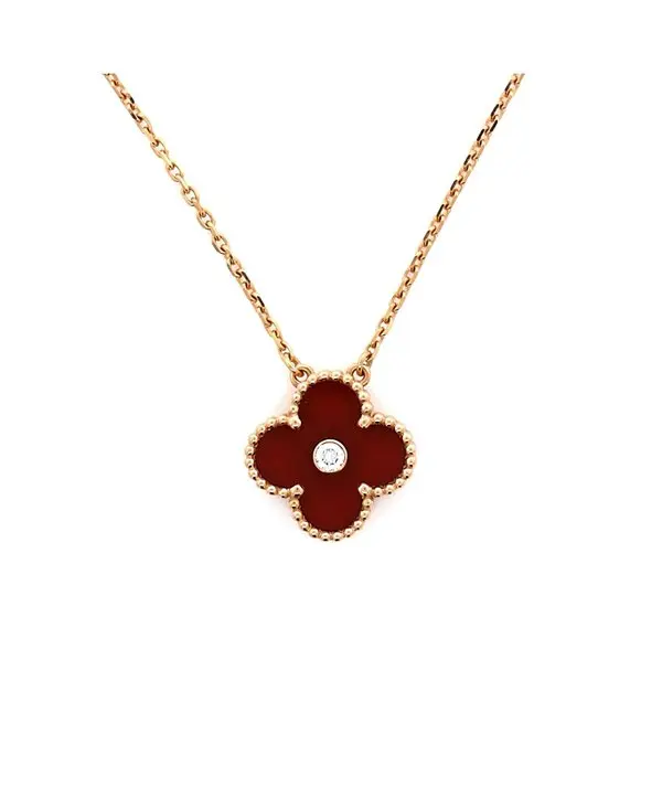 VAN CLEEF & ARPELS Vintage Alhambra Pendant Necklace 18k Rose Gold Carnelian Diamond - Pink